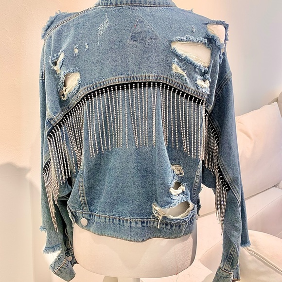 Signature8 | Jackets & Coats | Cutout Jean Jacket With Diamond Fringe ...